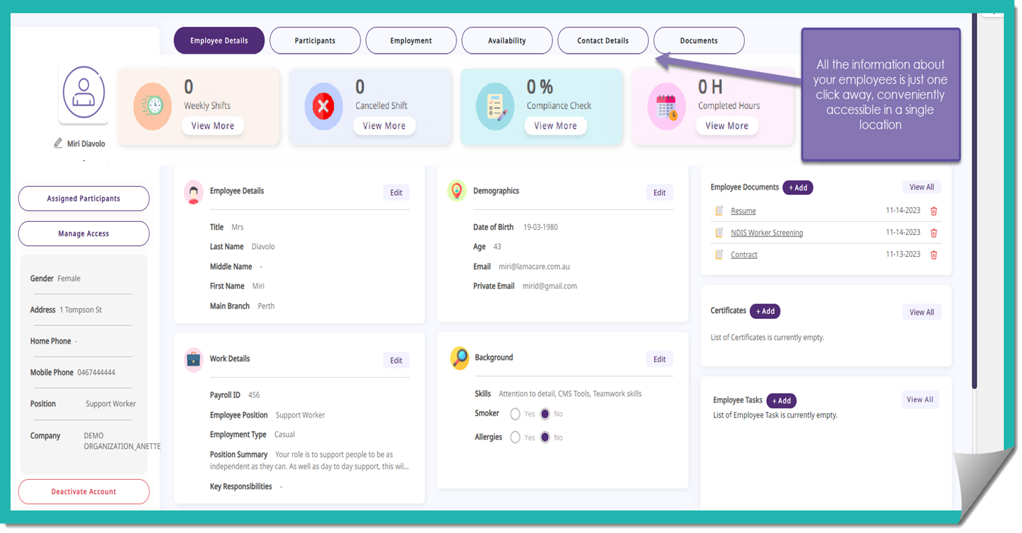 View Employee Profile Dashboard – LAMA Support